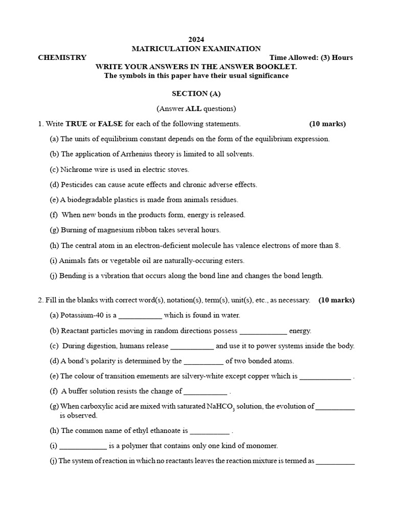 Chemistry Final Exam Question | PDF | Chemical Reactions | Acid