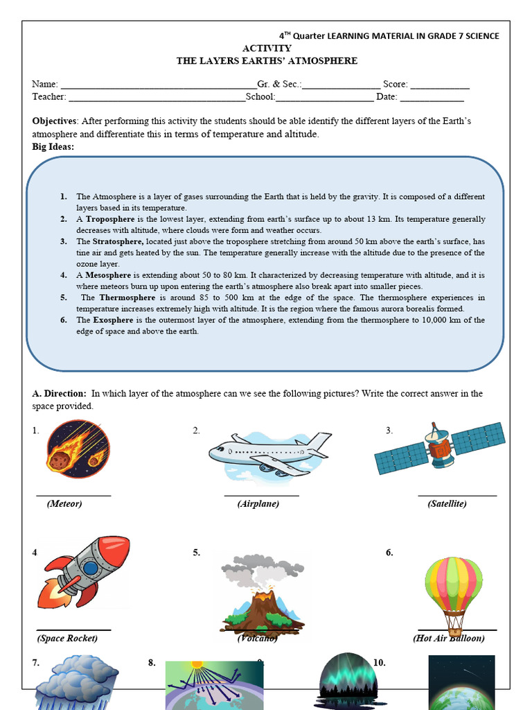 Layers of Earth's Atmosphere Worksheet | PDF | Atmosphere Of Earth ...