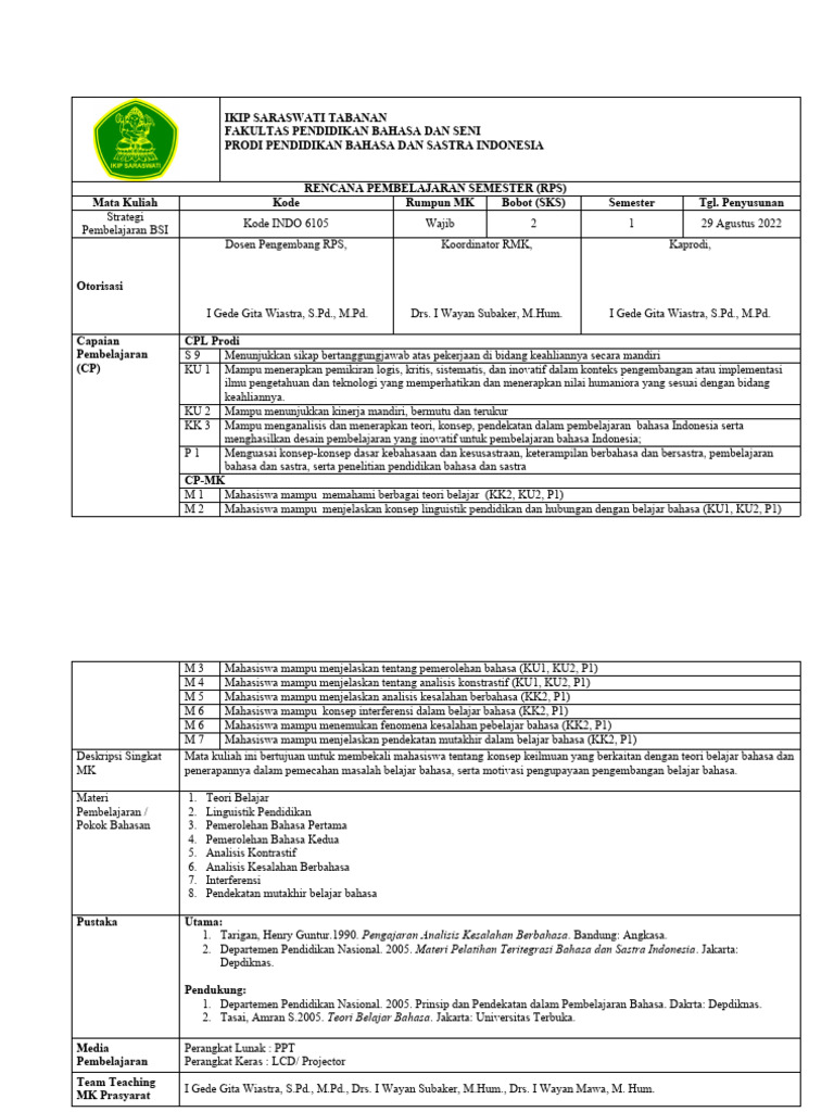 RPS Teori Belajar Bahasa | PDF
