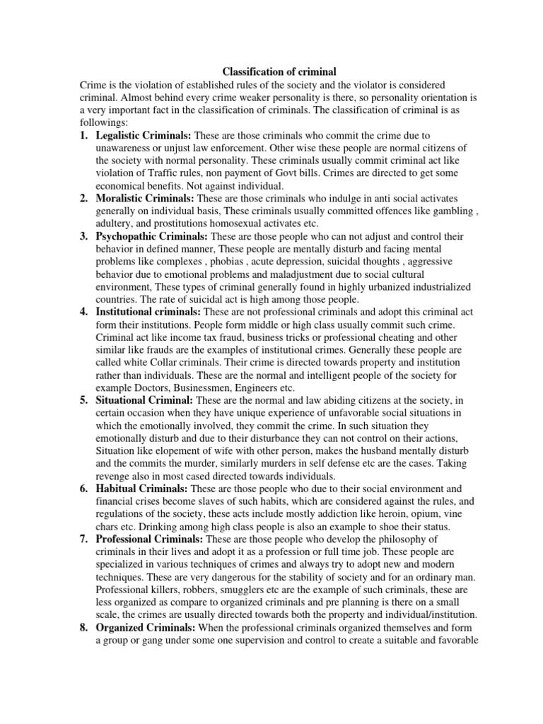 Classification of Criminals | PDF | Crimes | Crime & Violence
