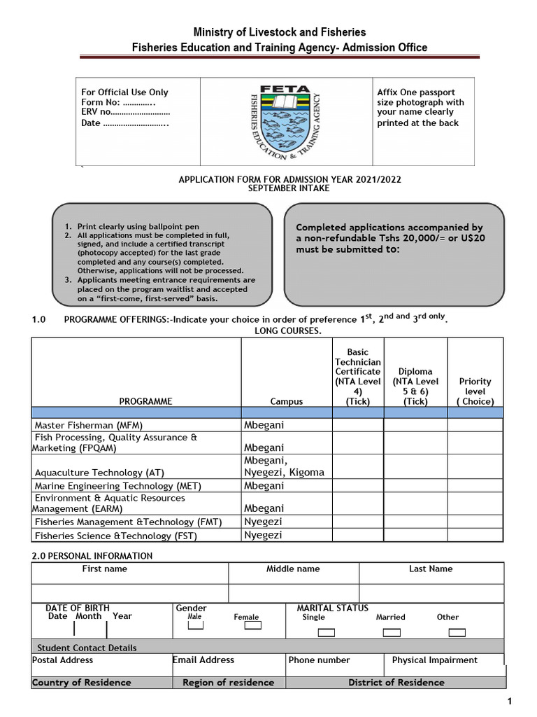 FETA Admission Application 2021/2022 | PDF | Science | Secondary Education