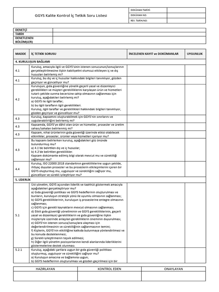GGYS Kalite Kontrol İç Tetkik Soru Listesi | PDF