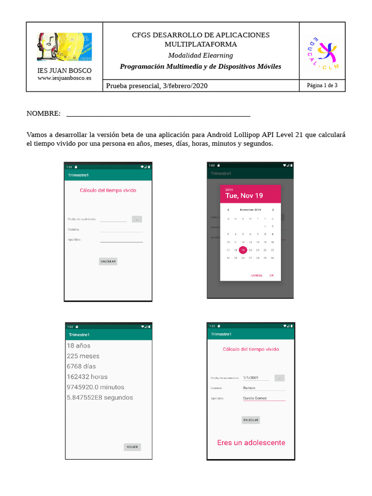 EXAMEN ANDROID - DAM - Enunciado2020 - Android - Calendario | PDF | Android (sistema operativo ...