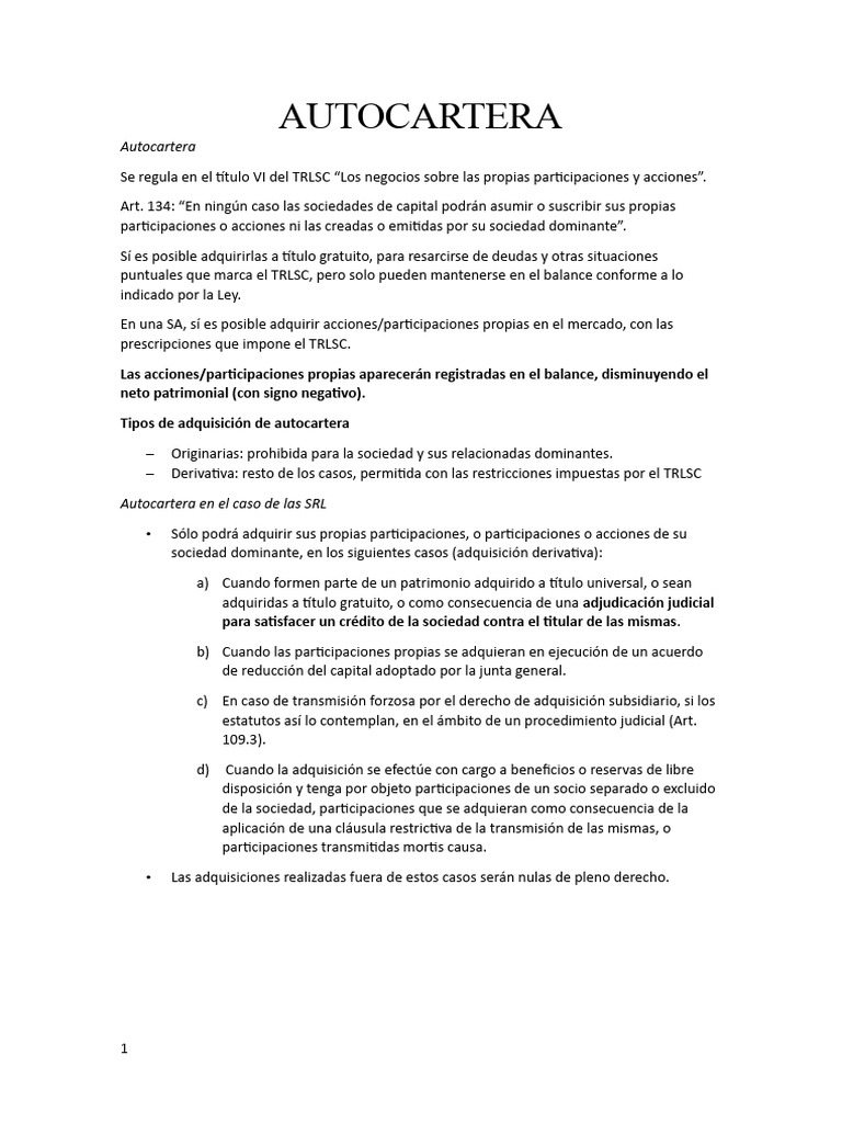 Regulación de Autocartera en Sociedades | PDF | Valor neto | Acciones ...