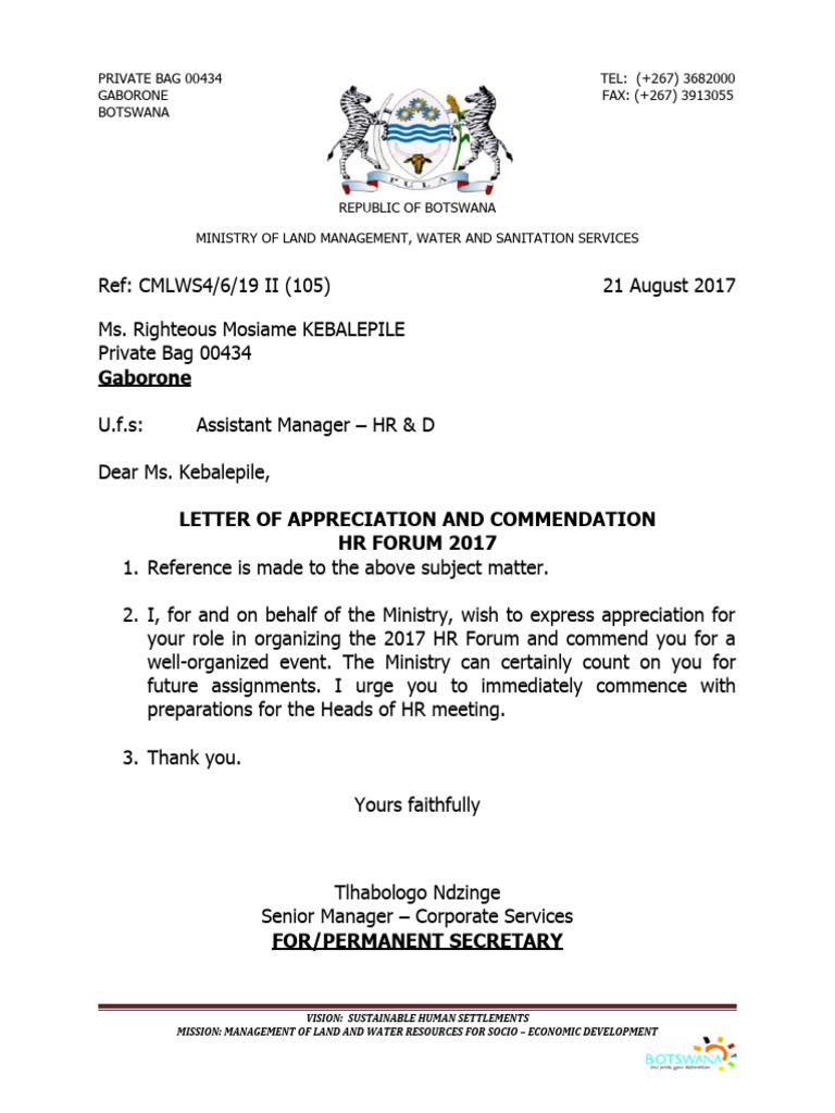 Letter of Appreciation - HR Forum 2017 - Kebalepile | PDF