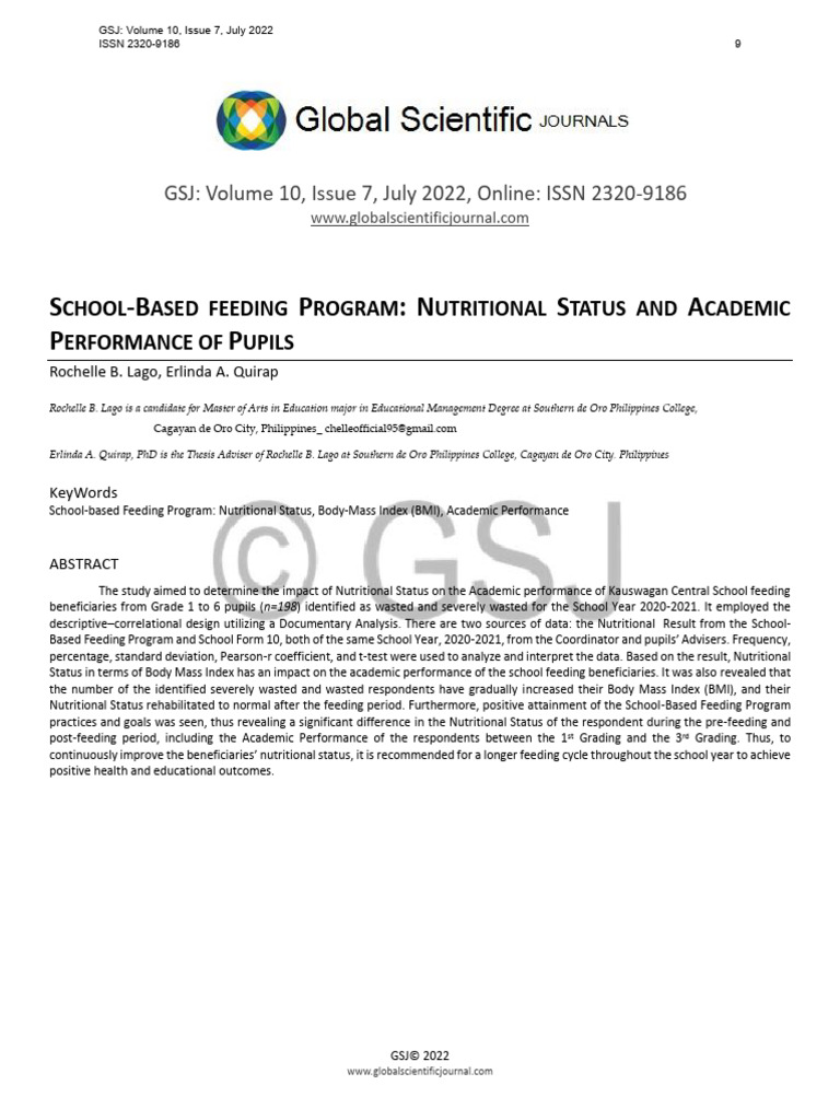 School Based Feeding Program Nutritional Status and Academic ...