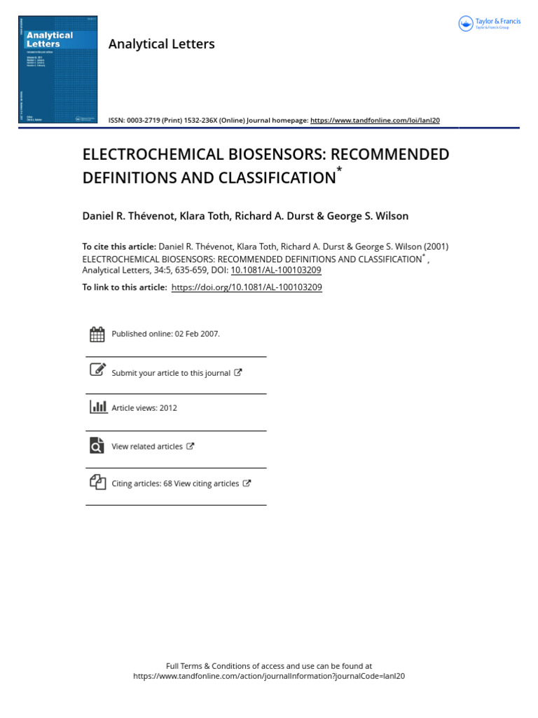 Electrochemical Biosensors Recommended Definitions and Classification | PDF | Biosensor | Sensor