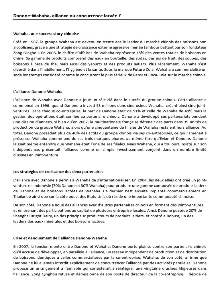 Danone et Wahaha : Alliance ou Concurrence ? | PDF