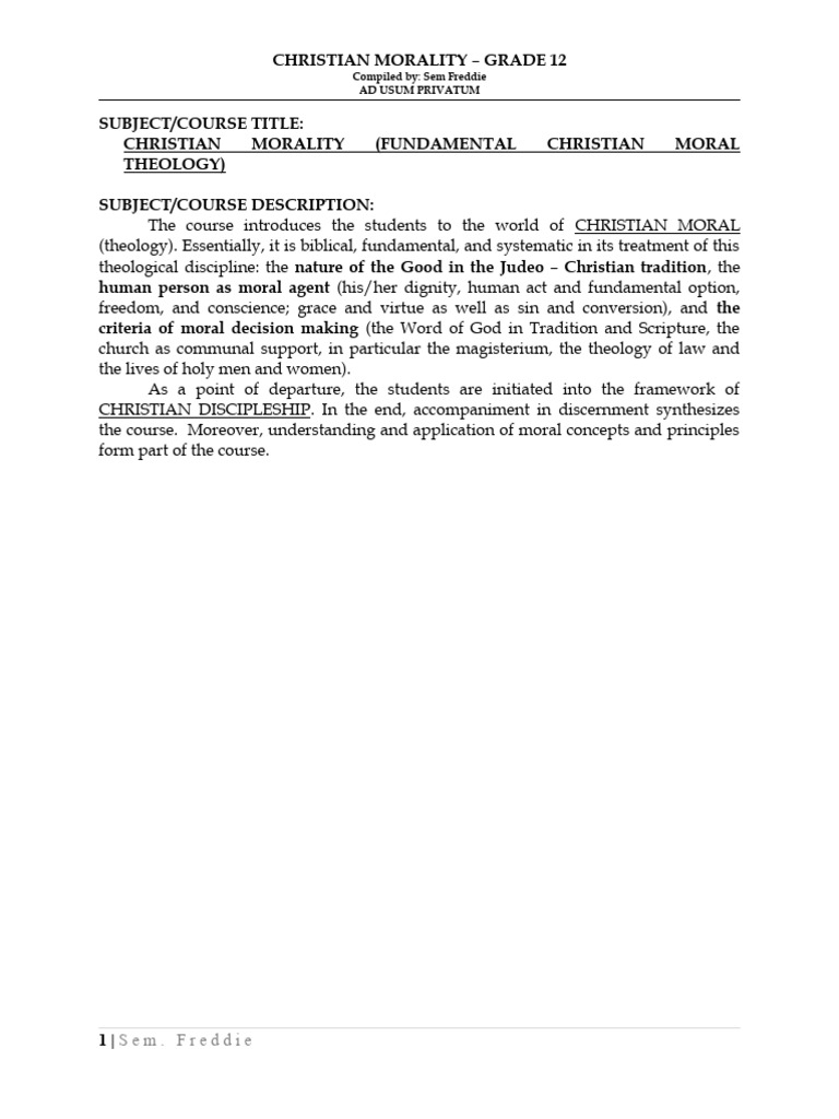 Handouts For Christian Morality | PDF | Morality | Christian Ethics