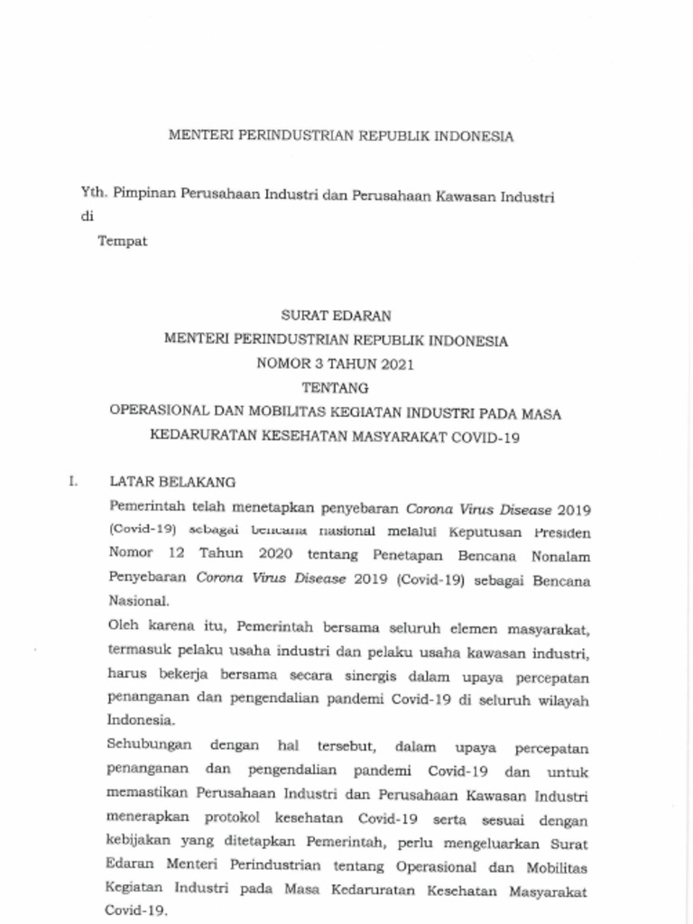 Surat Edaran Menteri Perindustrian Nomor 3 Tahun 2021 | PDF