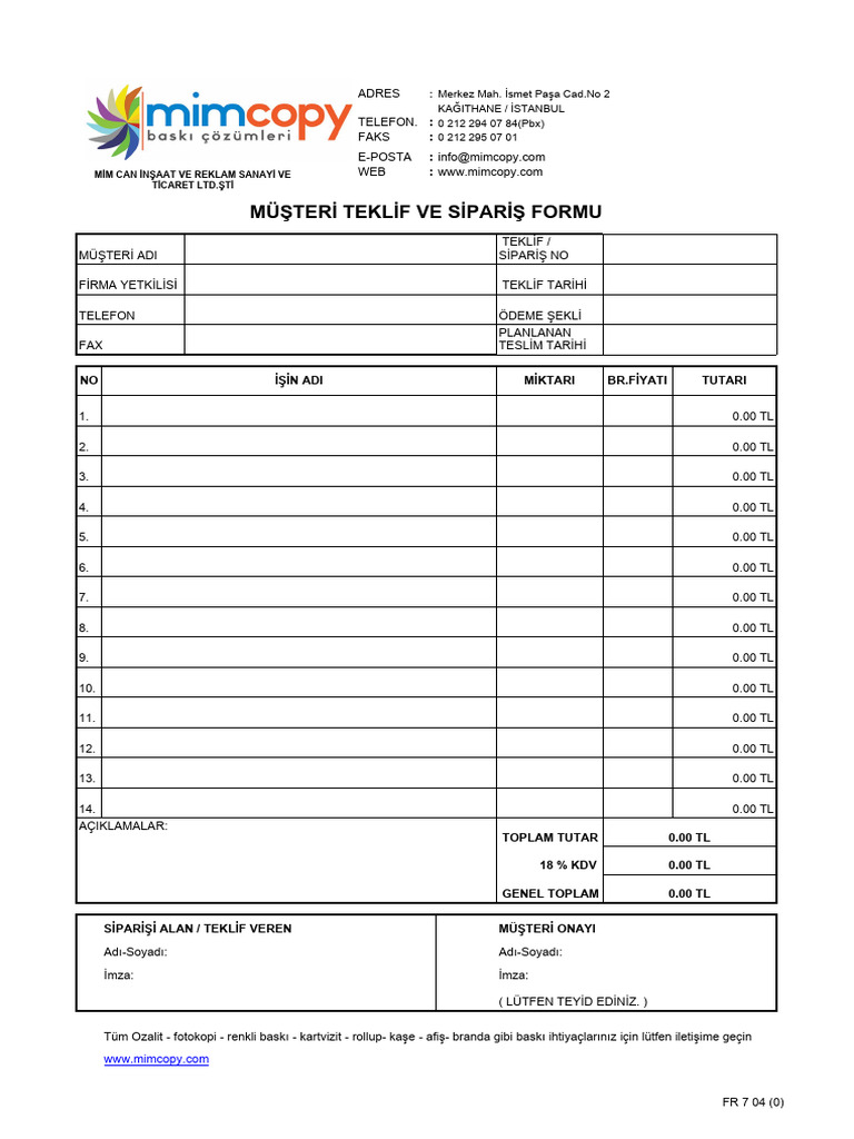 Excel Fiyat Teklif Şablonu Pdf 