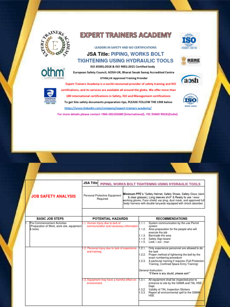 Eta-Jsa Piping, Works Bolt Tightening Using Hydraulic Tools | PDF ...