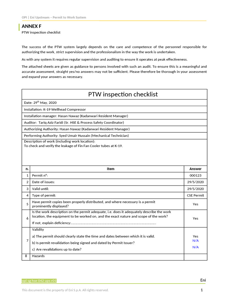 PTW Checklist (CSE Permit#000123) | PDF