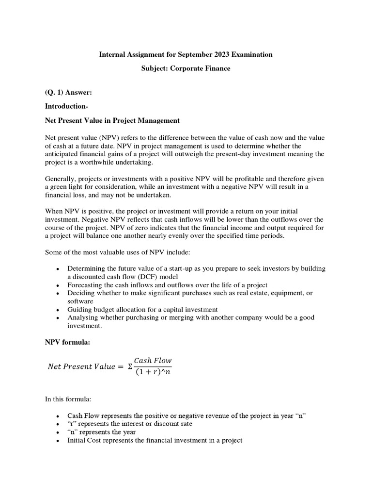 Internal Assignment - Corporate Finance | PDF | Net Present Value ...