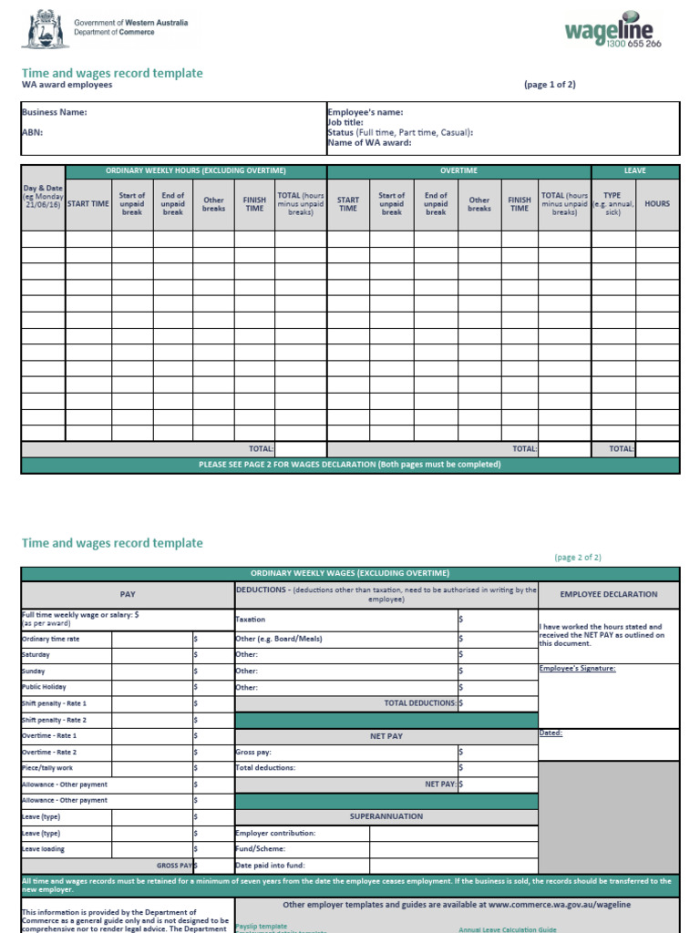 Time and Wages Record Template 1016 0 | PDF | Overtime | Employment