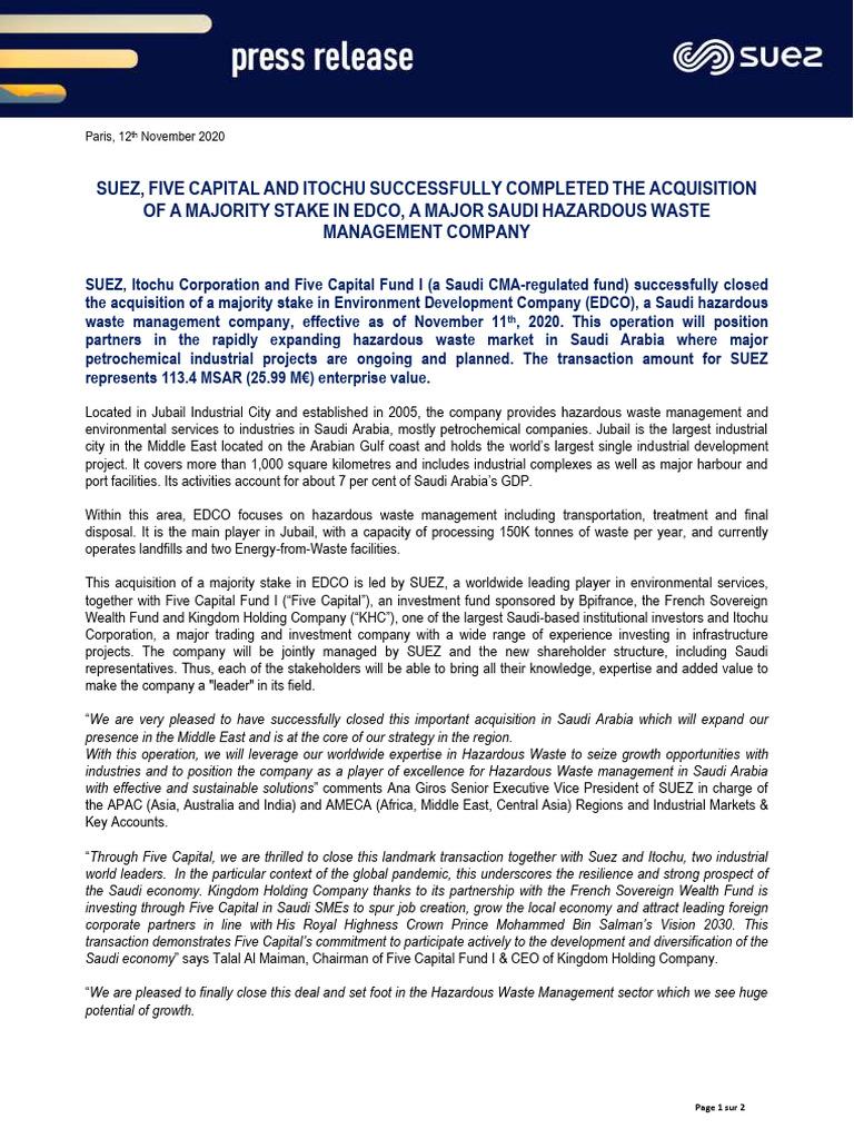 Suez and Partners Acquisition of Majority Stake in EDCO 1605198567 ...