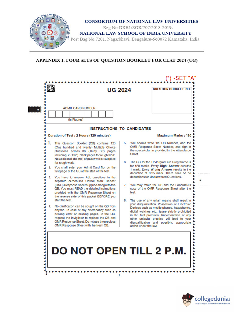 CLAT 2024 UG Question Paper With Answer Key Set A | Download Free PDF ...