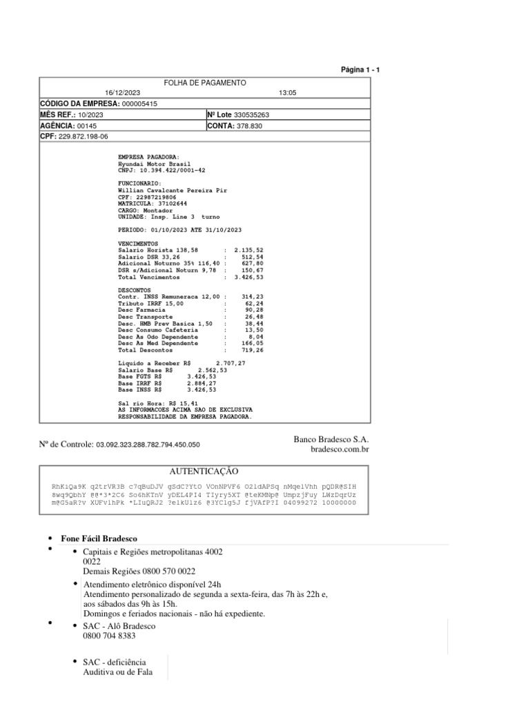 Holerite Mensal de Outubro 2023 | PDF