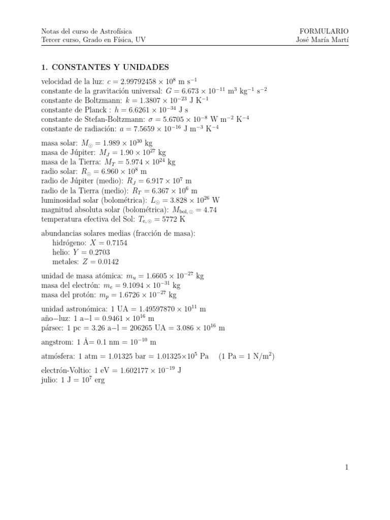 Astrofísica: Fórmulas y Constantes | PDF | Magnitud aparente | Orbita