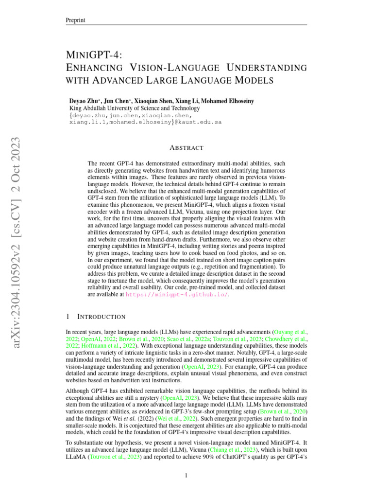 Minigpt-4 Enhancing Vision-Language Understanding With Advanced Large Language Models | PDF ...