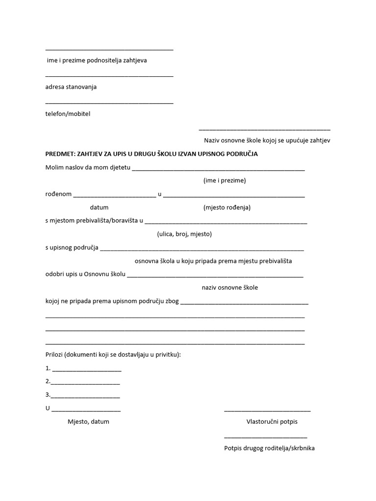 Zahtjev Za Upis U Drugu Skolu Izvan Upisnog Podrucja | PDF
