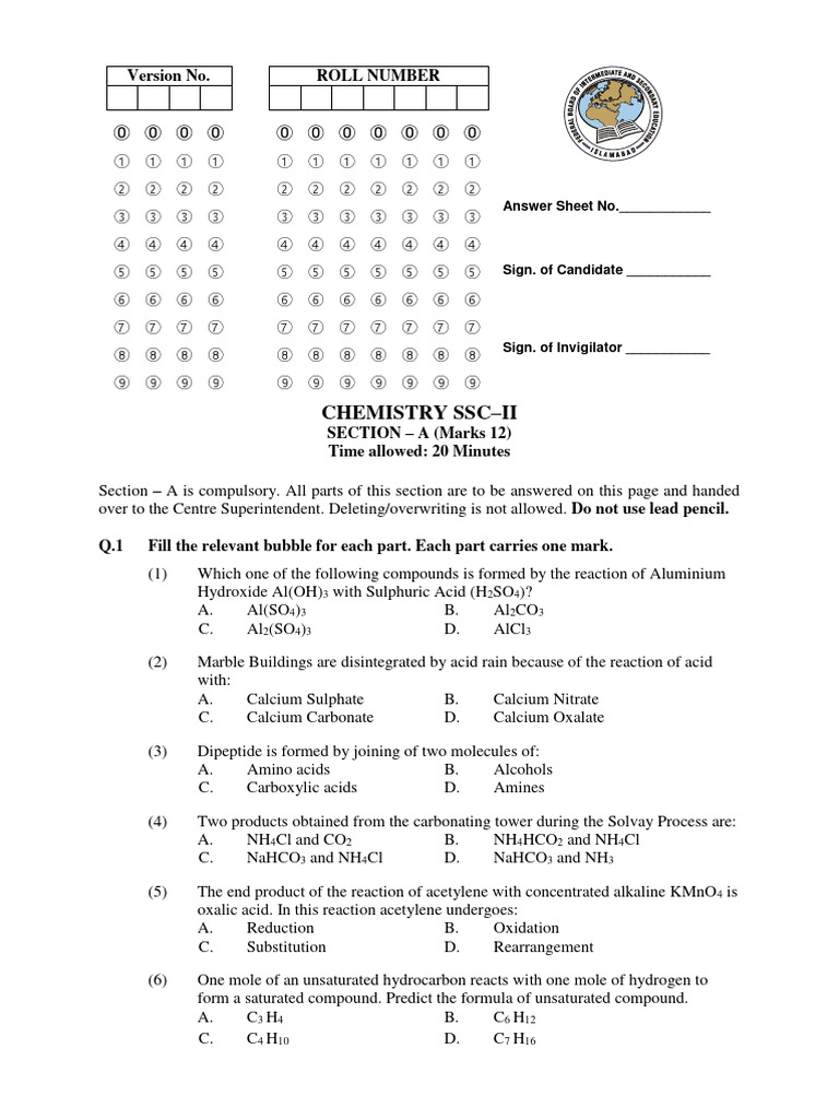SSC-II Chemistry Model Paper 2025 | PDF | Alkane | Acid