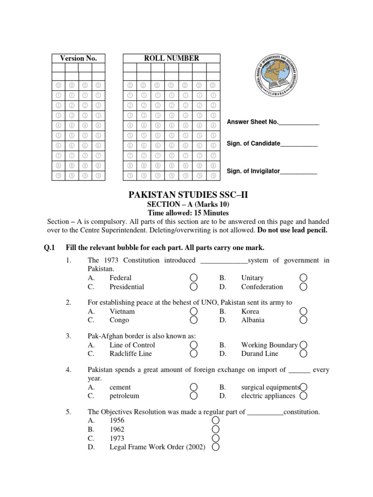 Final SSC-II Pakistan Studies Model Paper | PDF | Pakistan | Benazir Bhutto