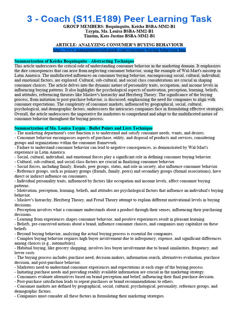 Peer Learning Task | PDF | Consumer Behaviour | Behavior