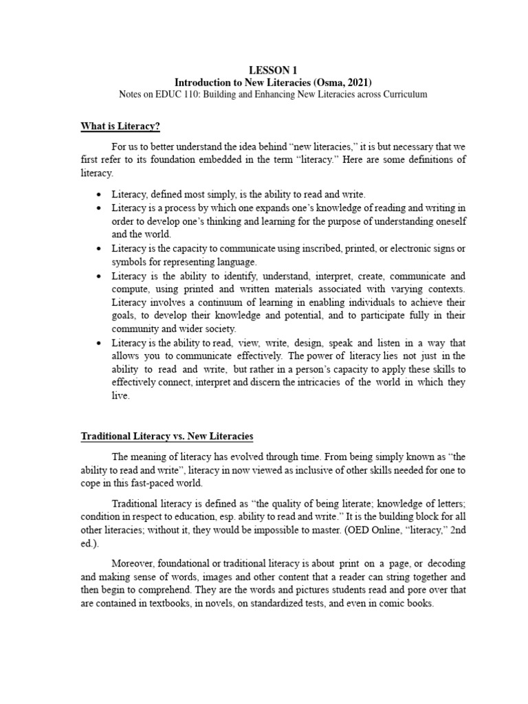 Lesson 1 Introduction To Literacy | PDF | Literacy | Science