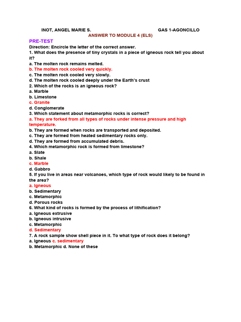 Answer To Module 4 (Els) | PDF | Rock (Geology) | Igneous Rock