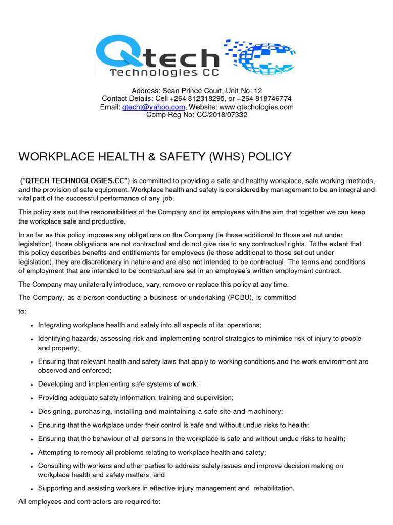 Workplace Health & Safety Policy | PDF | Occupational Safety And Health ...