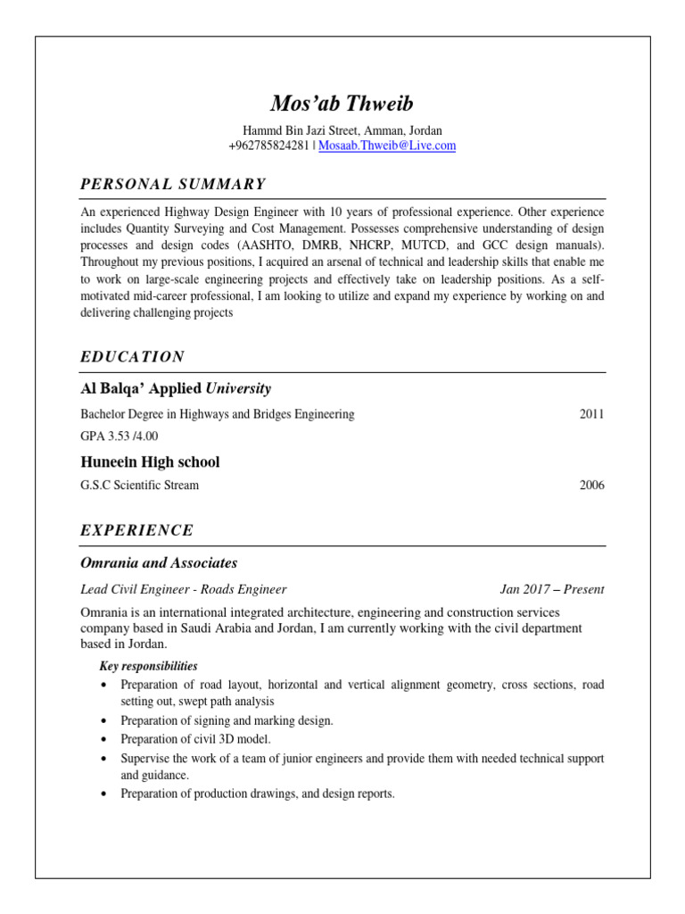 Mosab Thweib CV - Highway Design Engineer | PDF | Engineering