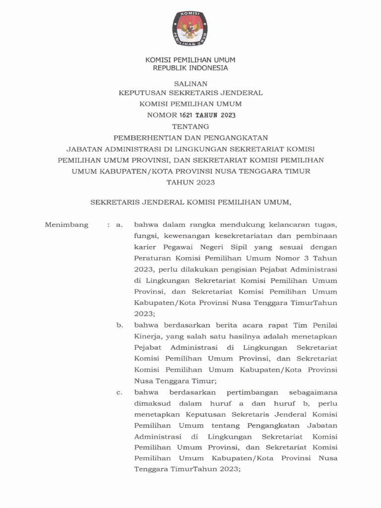 1621 - Salinan Pemberhentian Dan Pengangkatan NTT (Cap) - 1 | PDF