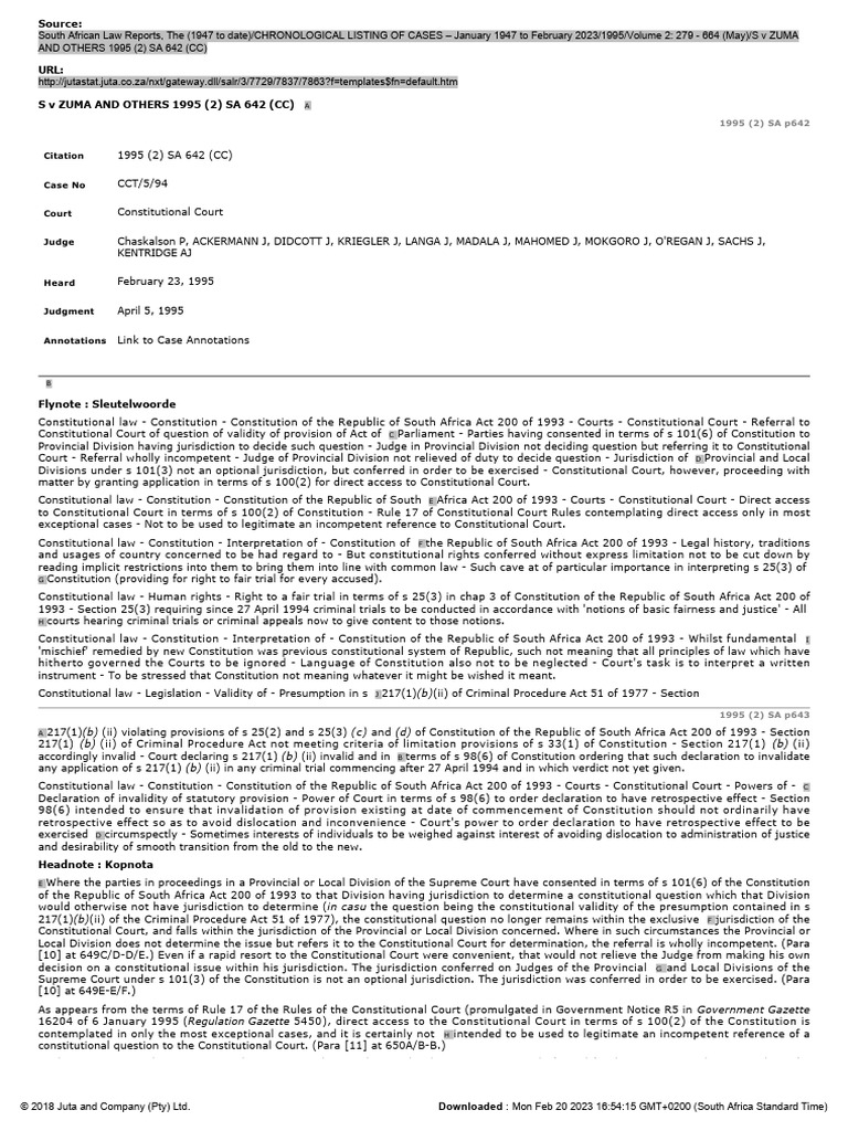 S V ZUMA AND OTHERS 1995 (2) SA 642 (CC) | PDF | Criminal Procedure In South Africa | Confession ...