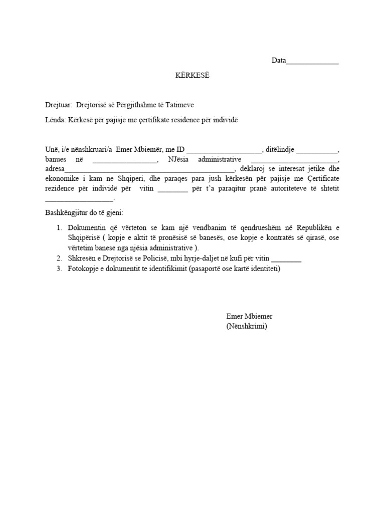 Model Kerkese Per Aplikim Per Certifikate Rezidence Per Individe | PDF