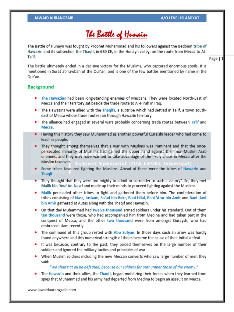 The Battle of Hunain | PDF | Life Of Muhammad | Muhammad