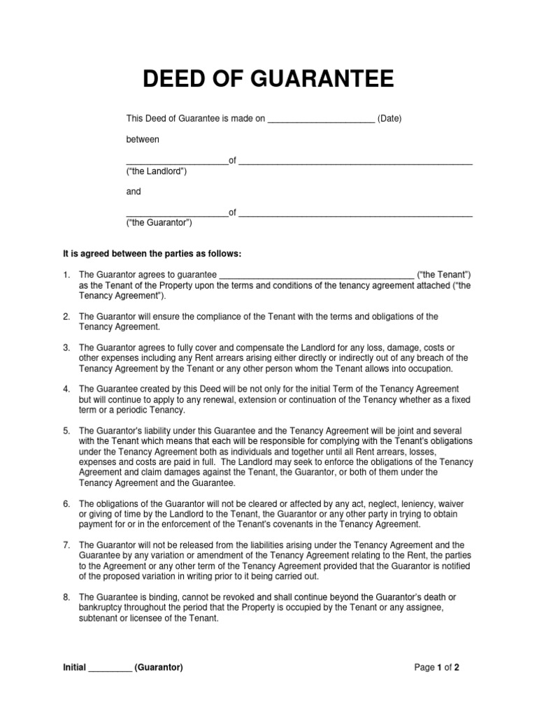 Deed of Guarantee for Tenancy Agreement | PDF | Leasehold Estate | Lease