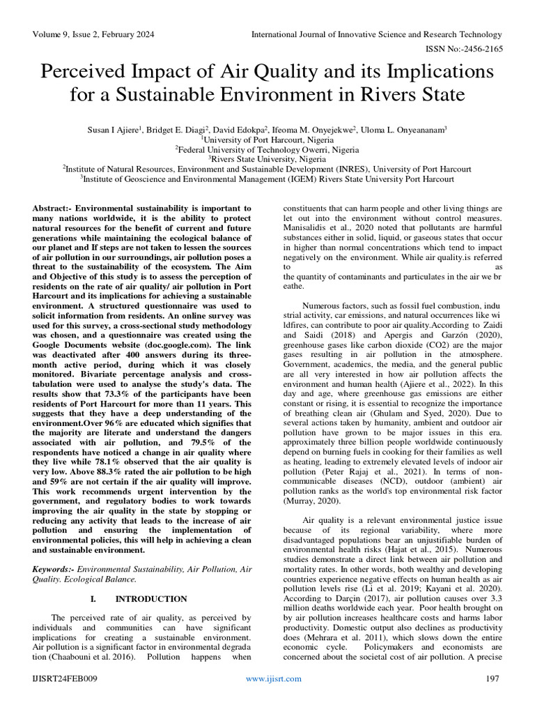 Perceived Impact of Air Quality and Its Implications For A Sustainable ...