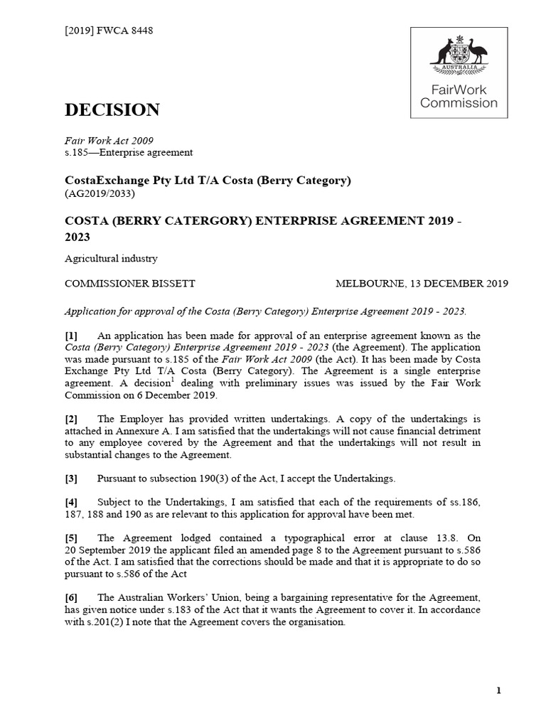 Costa Berry Enterprise Agreement 2019-2023 | PDF | Overtime | Employment