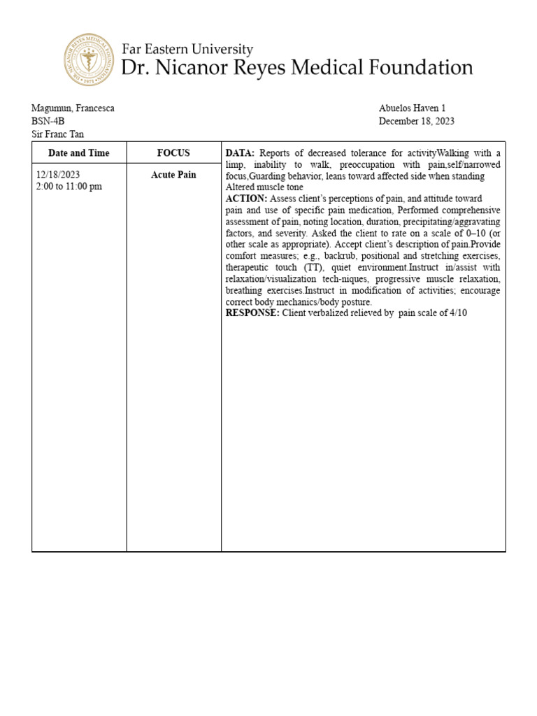 Fdar Form | PDF | Pain | Relaxation (Psychology)