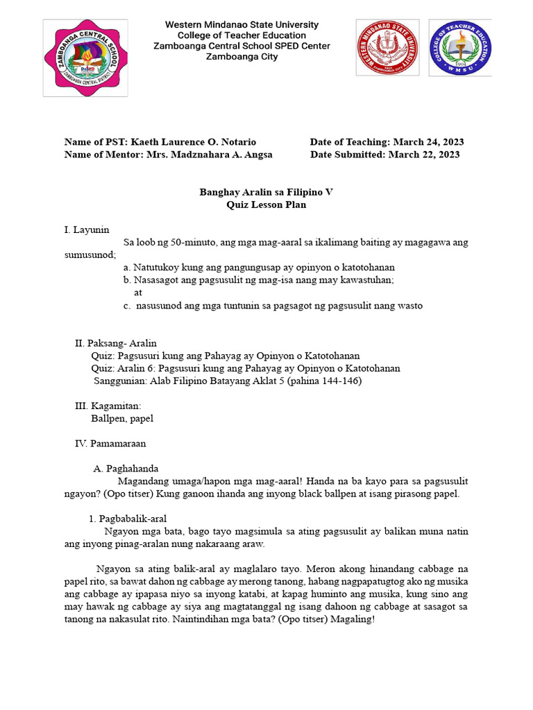 Quiz Lesson Plan - 2 | PDF