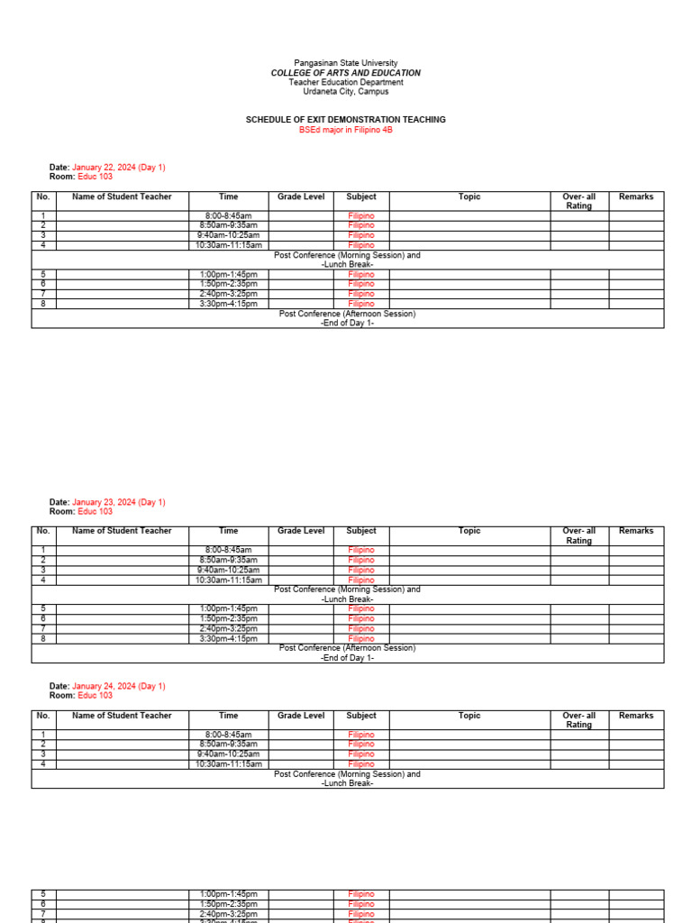 Exit Demonstration Teaching Schedule | PDF