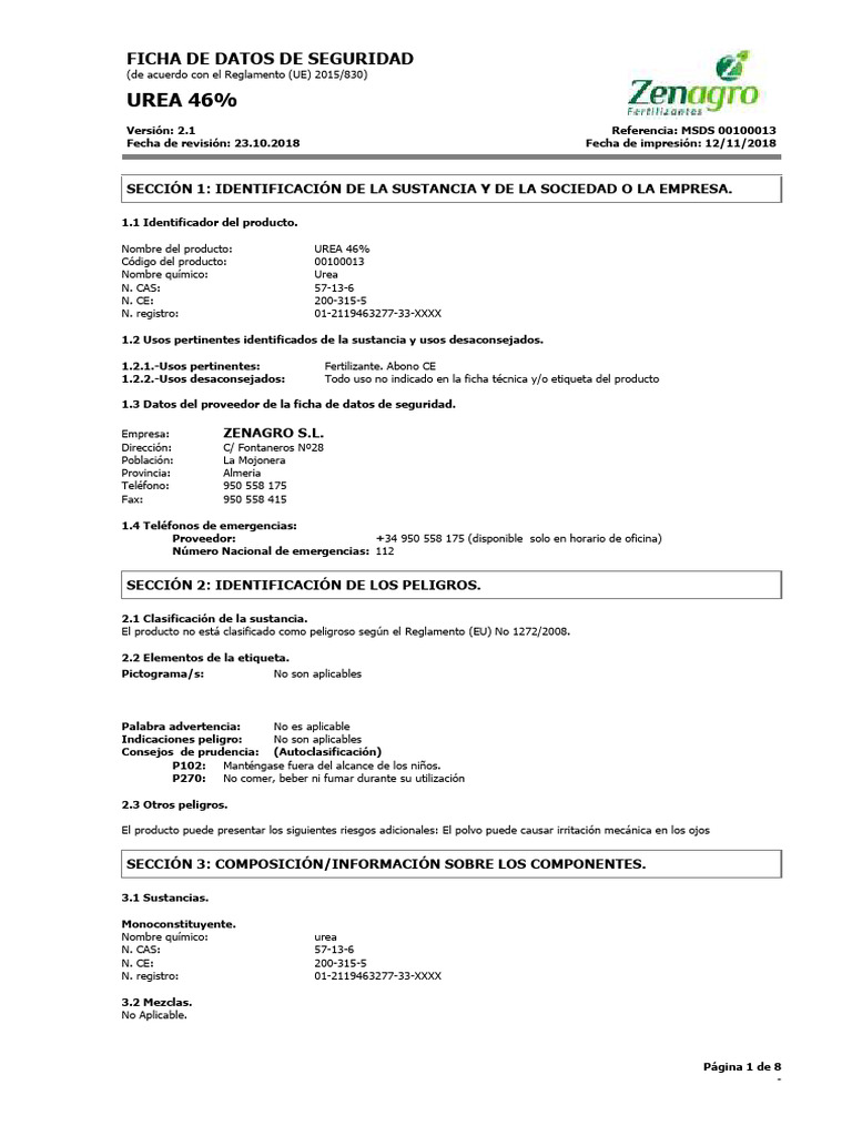 Ficha de Seguridad Urea 46% MSDS | PDF | Agua | Materiales