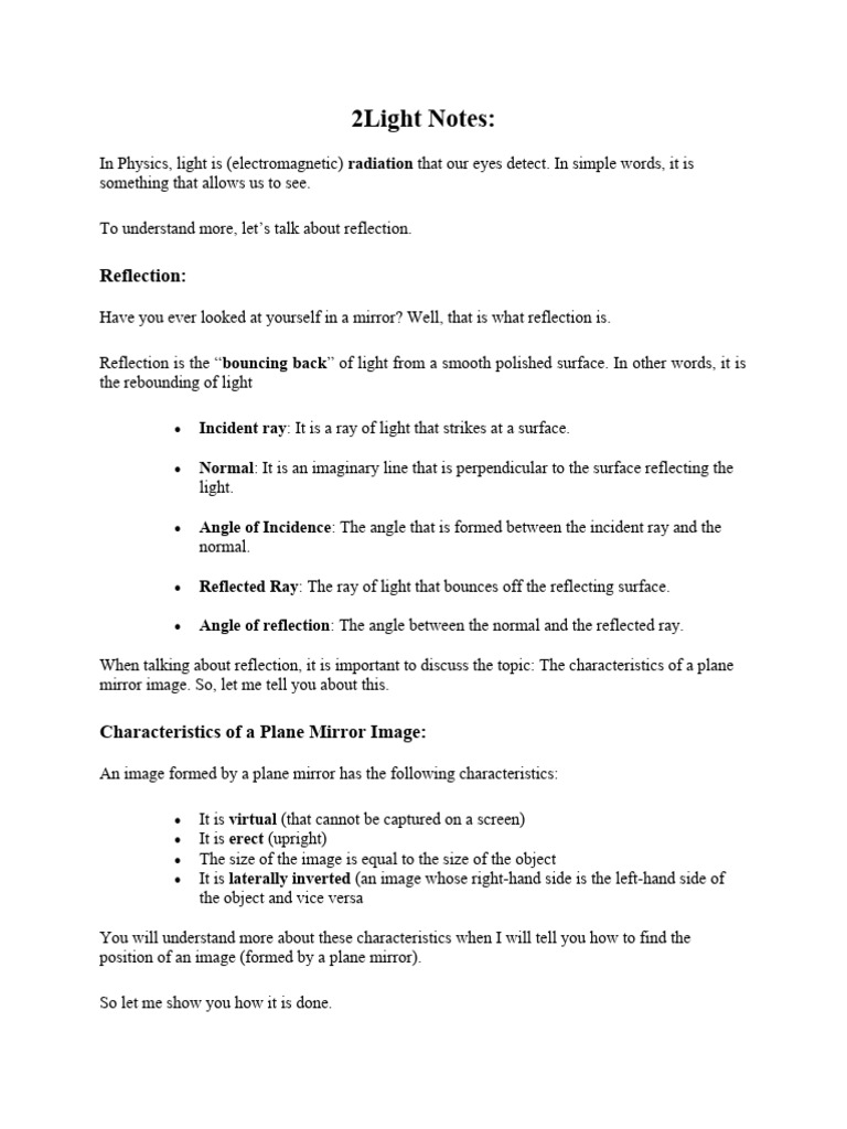 Light Notes | PDF | Reflection (Physics) | Optics