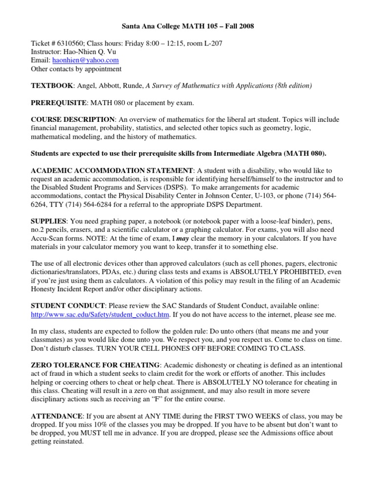 MATH 105 SAC Syllabus | PDF | Quiz | Homework