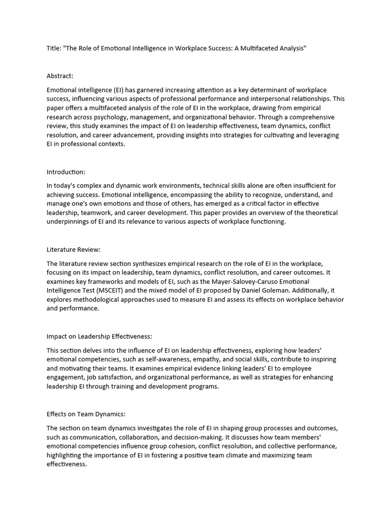 The Role of Emotional Intelligence in Workplace Success A Multifaceted ...