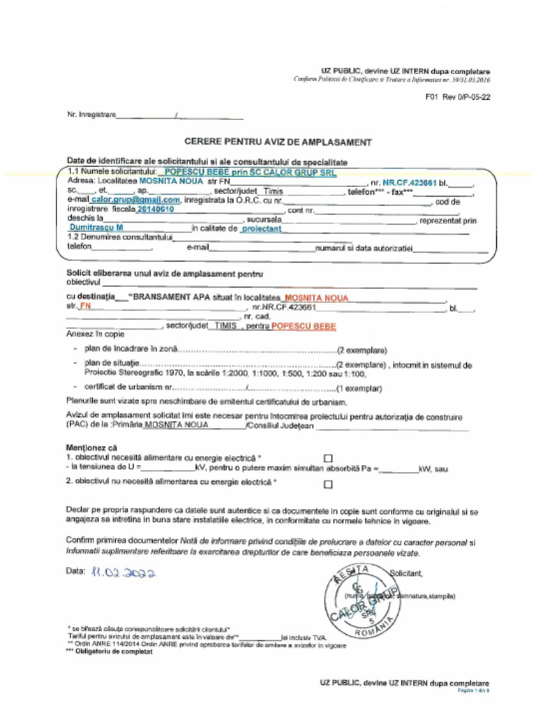 Cerere Aviz ENEL - Popescu Bebe - CF 423661 | PDF