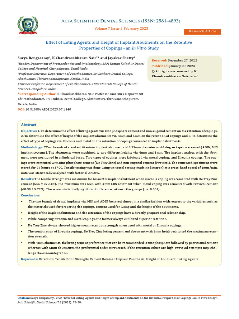 February 2023 Effect of Luting Agents ..... | PDF | Dental Implant ...