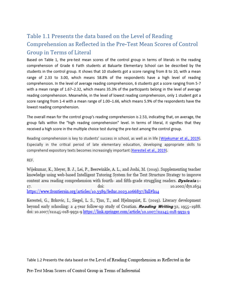 Reading Comprehension Pre-Test Analysis | PDF | Reading Comprehension ...