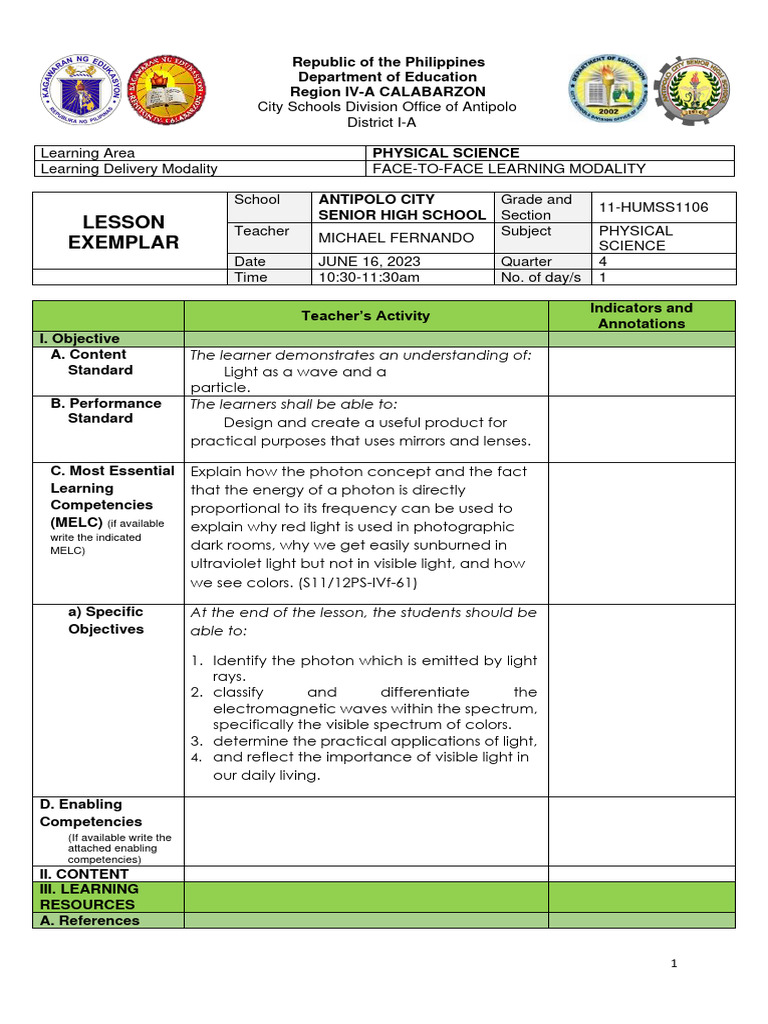 Lesson Plan For Classroom Observation | PDF | Light | Electromagnetic Radiation